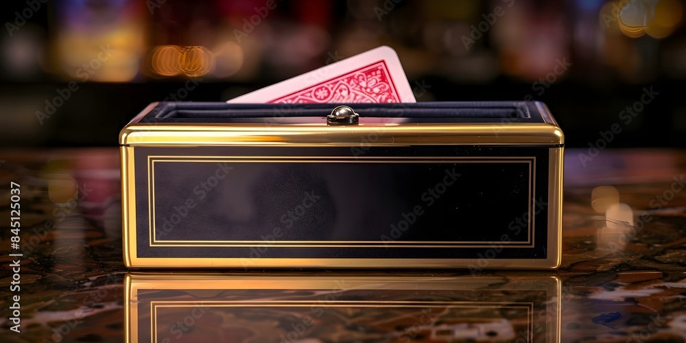 Playing card case with black surface gold border and open deck inside ...