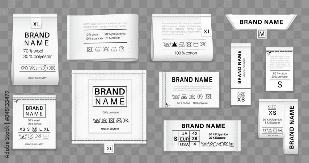 Realistic laundry labels. Clothing tags, realistic 3d vector set of ...