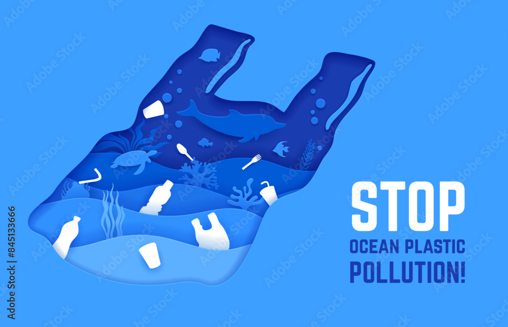 Polluted water, plastic waste on the sea bottom. Stop ocean plastic ...