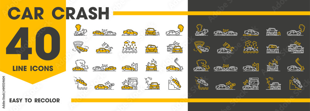 Car crash line icons of traffic accident and vehicle collision on road ...