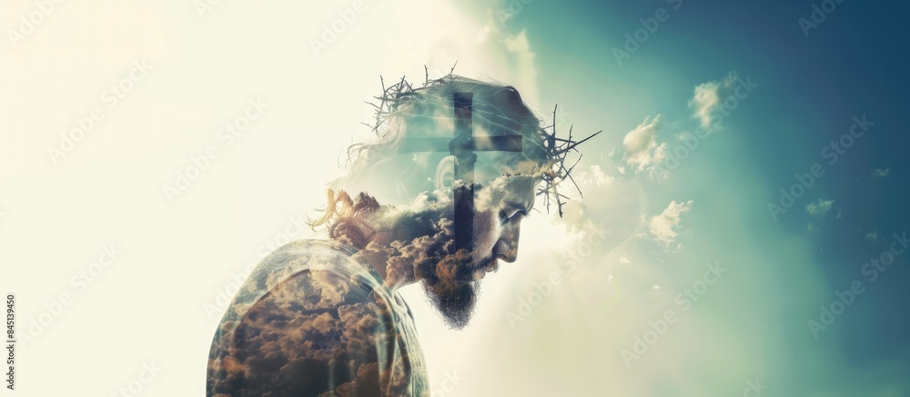 Double exposure of Jesus Christ and the cross on sky background ...
