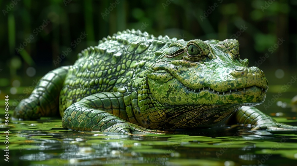 A large green alligator is laying in a swamp, surrounded by water and ...