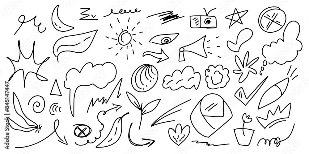 Lines doodle art collection. Line art of arrows, circles, curves, check ...