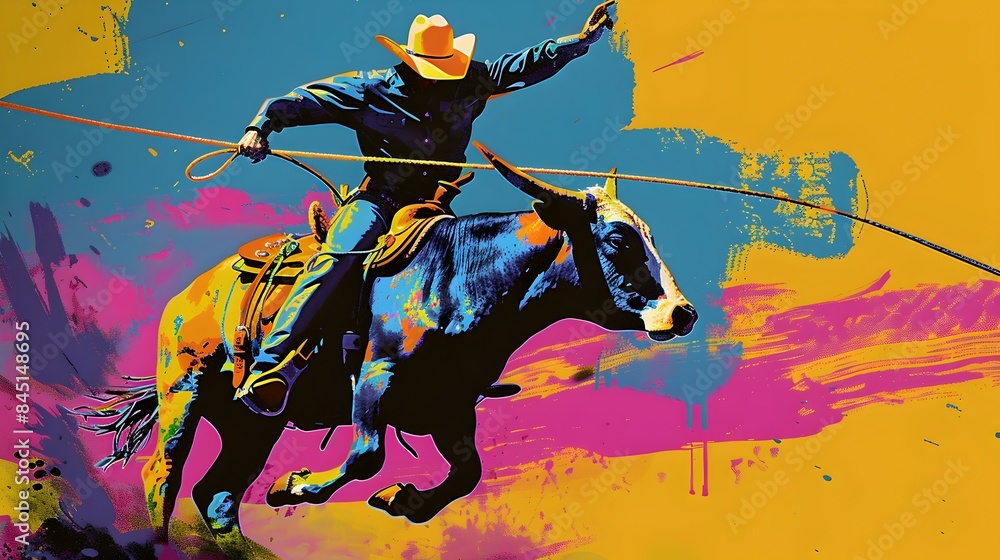 Exhilarating Pop Art Depiction of a Cowboy Roping a Steer with Vibrant ...