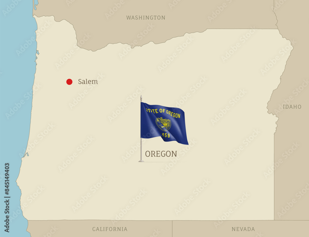 Map of Oregon USA federal state with waving flag. Highly detailed ...