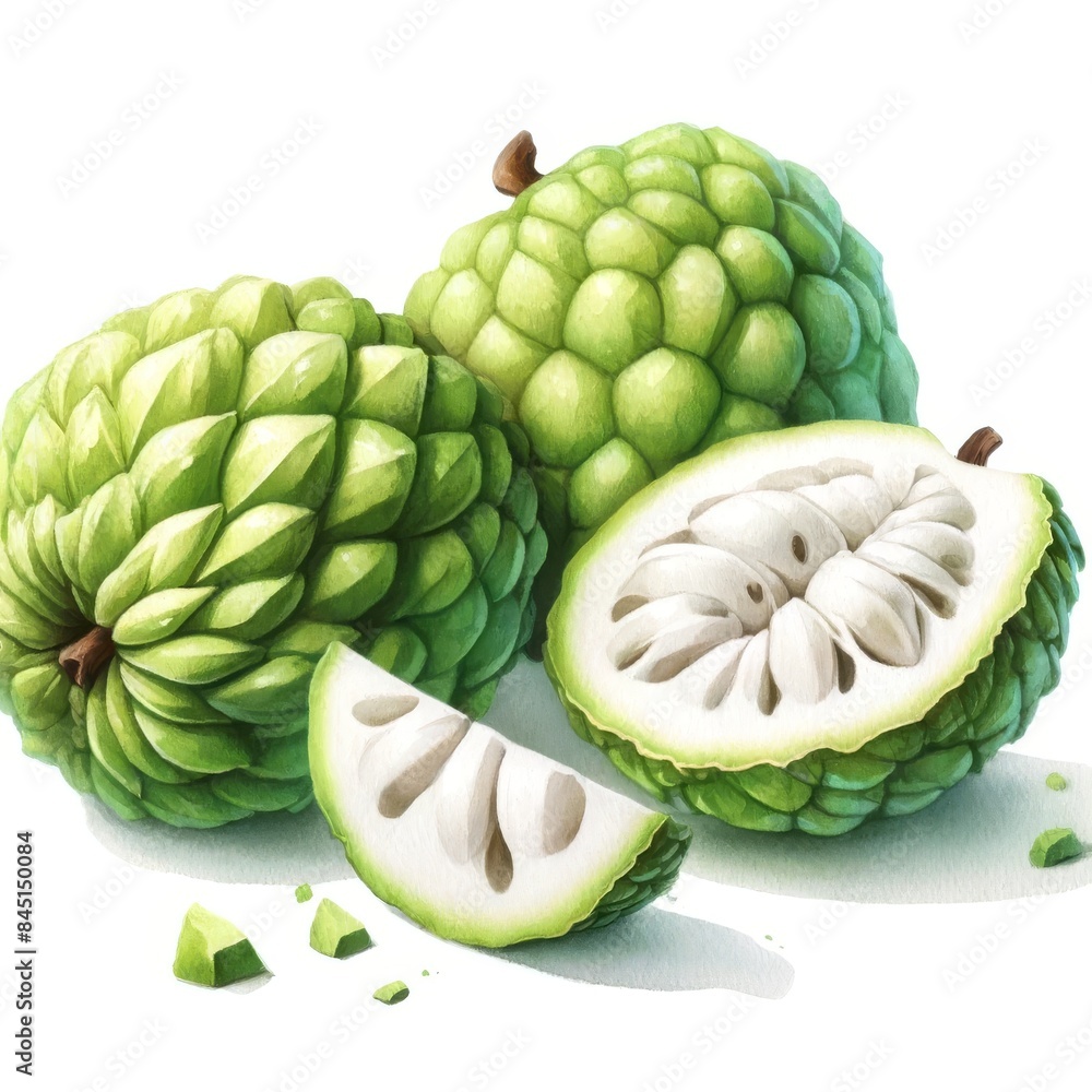 Watercolor illustration of fresh cherimoya with green scaly skin and ...