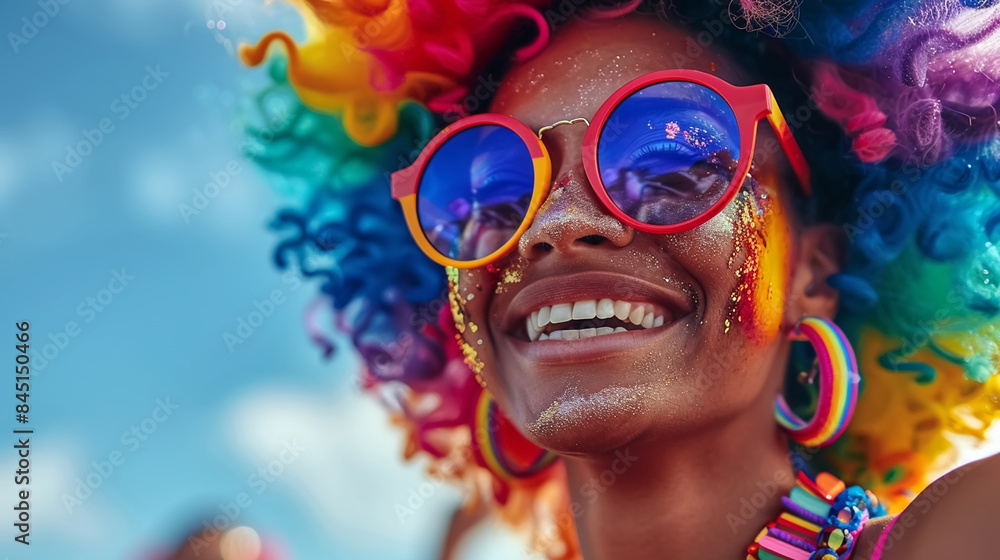 Happy black drag queen celebrating pride. in a rainbow afro clown wig ...
