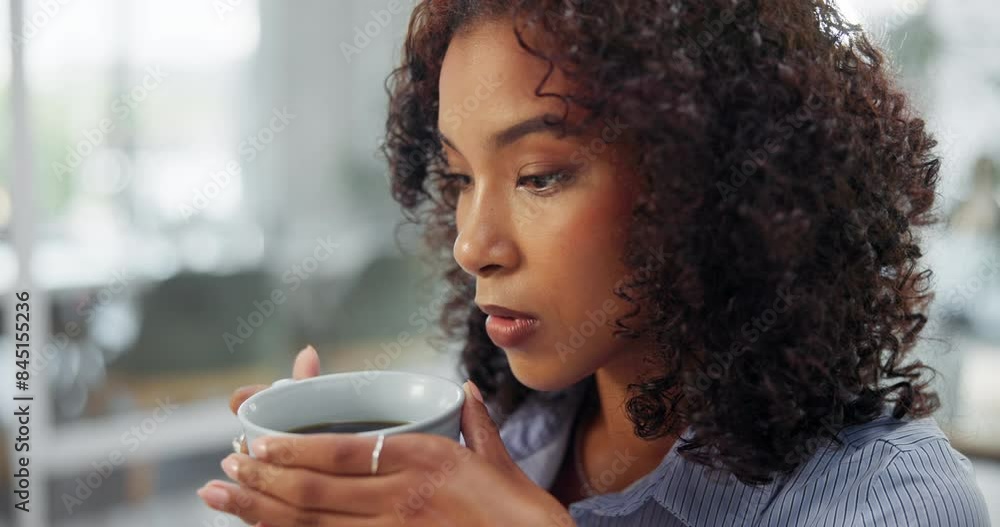 Thinking, business woman and coffee cup in office with idea for ...