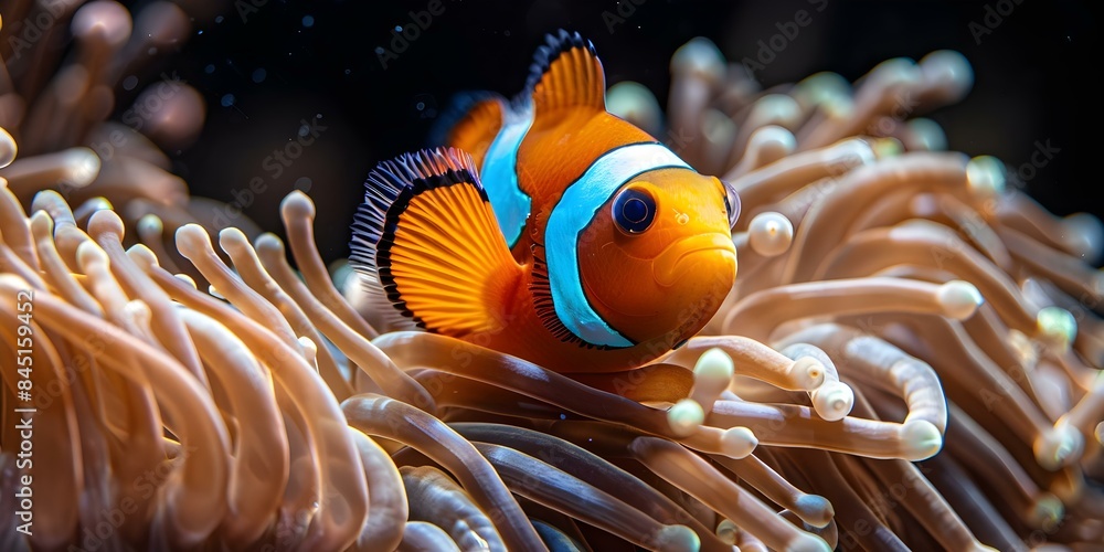 "Orange Clownfish in Anemone with Blue Eyes, Black Background, and ...