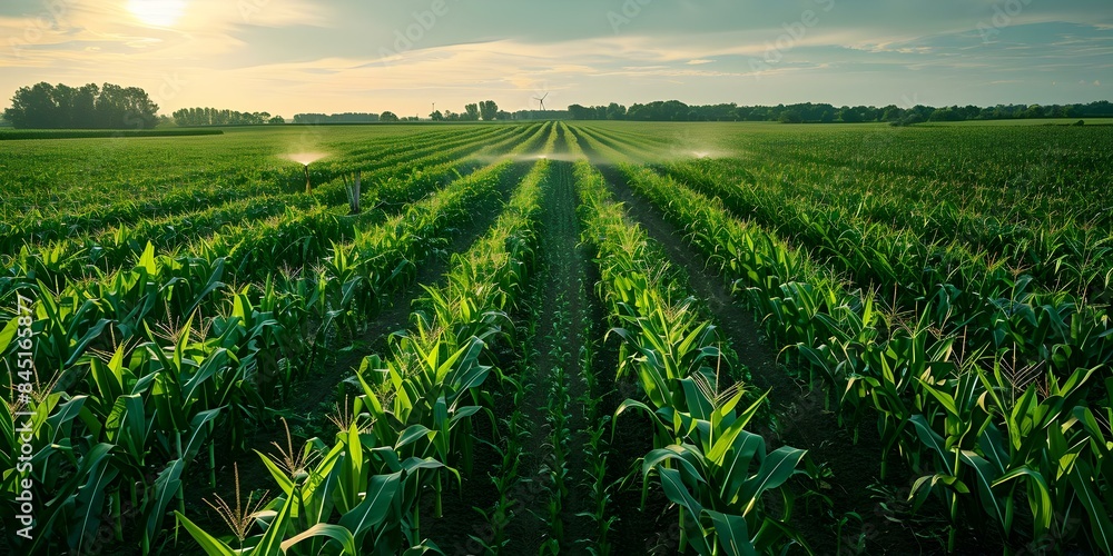 Complex irrigation system waters large corn fields with pipes pumps and ...