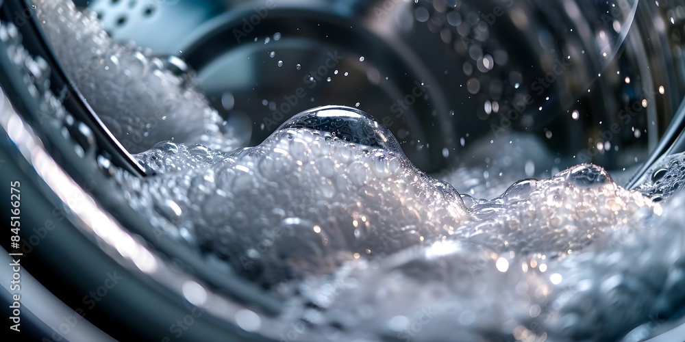 Detailed closeup of textured soapy bubbles inside a washing machine ...