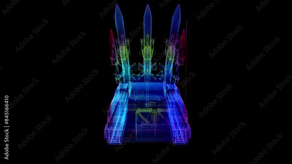 High Mobility Artillery Rocket System. Glowing neon particles and blue ...