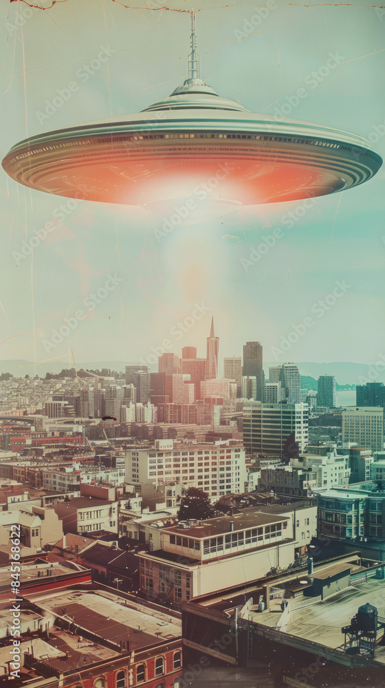 Retro vintage color photograph movie poster dramatic UFO flying saucer ...