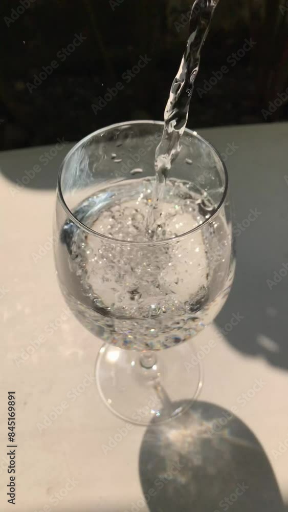 Water Stream Filling Wine Glass. A close-up of water being poured into ...