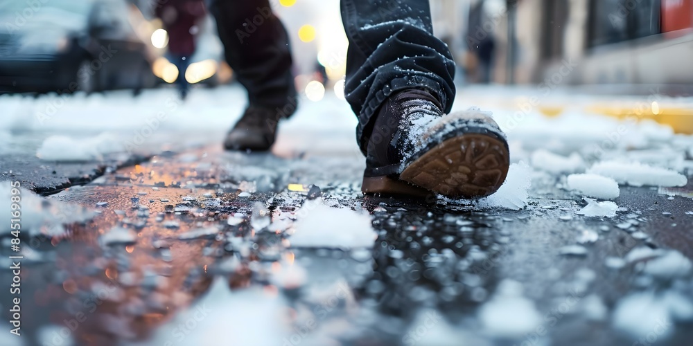 Man slipped on icy sidewalk in city resulting in a fall hazard. Concept ...