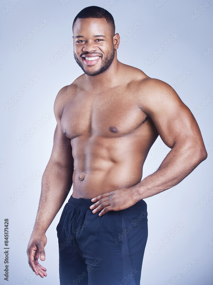 Fitness, portrait and happy black man in studio with body pride ...