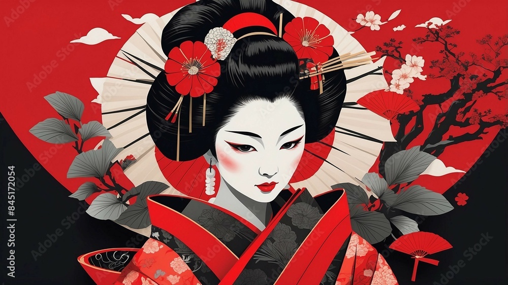 Elegant Geisha Craft Illustration with Red Theme, Intricate ...