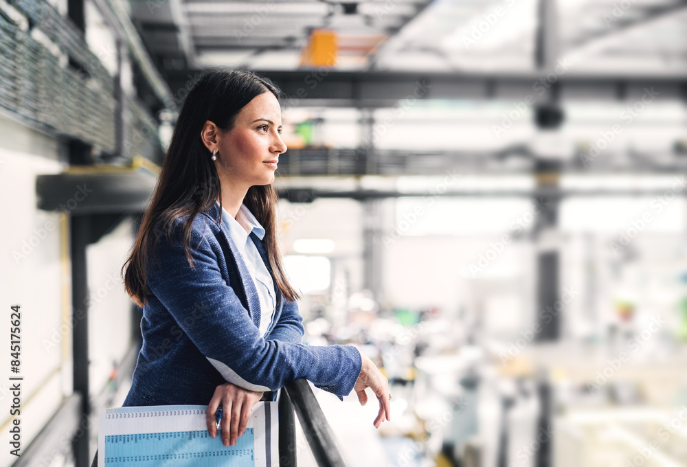 Female project manager standing in modern industrial factory ...