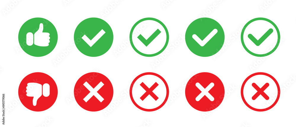 Thumb up and thumb down sign. Check mark and cross mark icon set ...