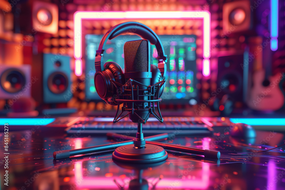 Professional Recording Studio with Illuminated Sound Equipment ...