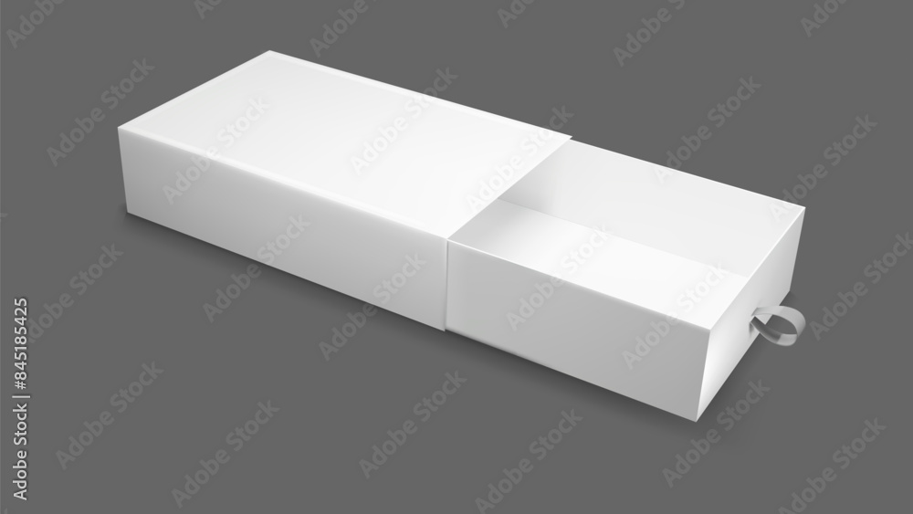 White open slide box mockup side view. 3d paper gift drawer package ...