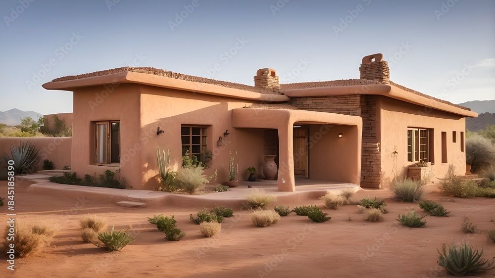 Foto de Adobe house: a one-story home with flat roofs and earthy ...