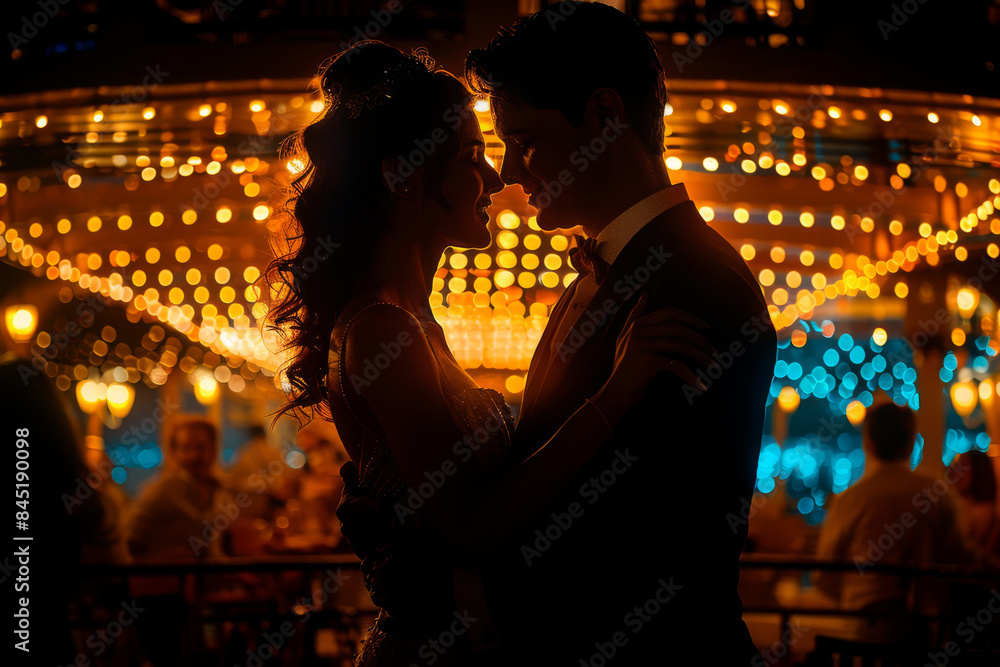 Silhouette of a couple in formal attire, dancing under string lights at ...