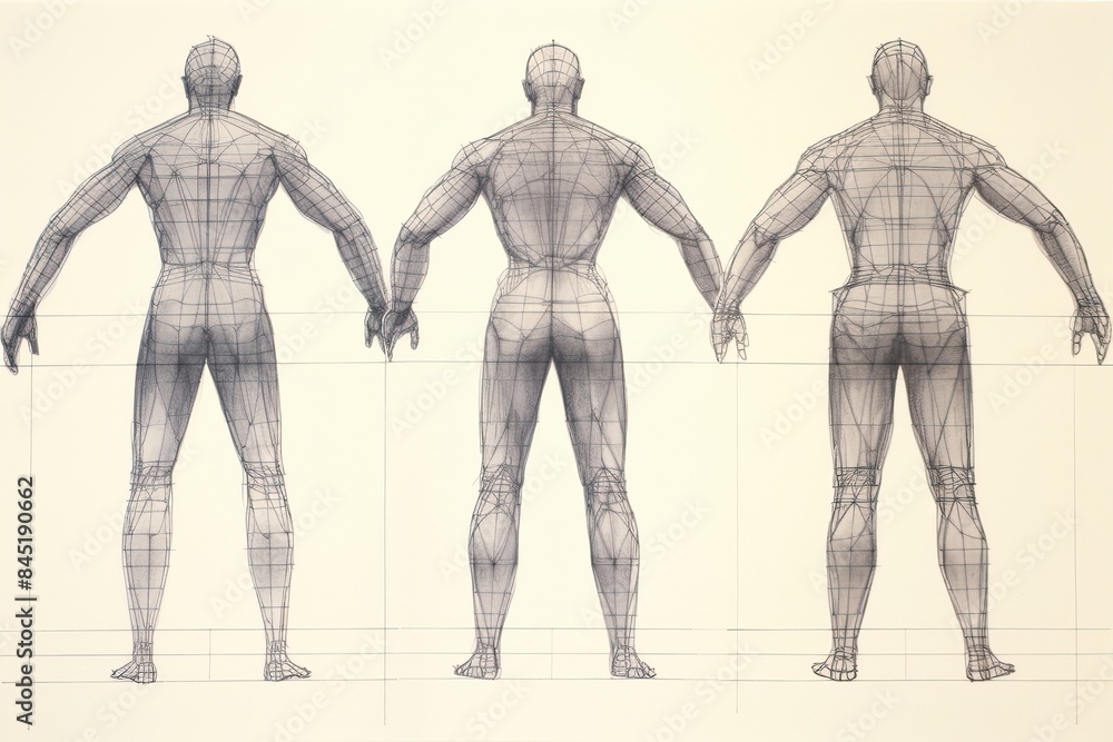 Human body pencil drawing showing symmetrical grid and height marks ...