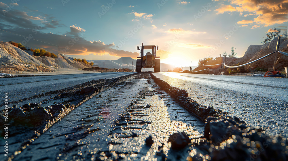Construction of an asphalt road. Team work on road construction ...