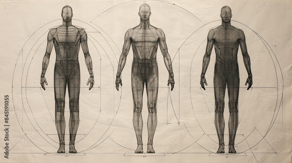 Human body pencil drawing showing symmetrical grid and height marks ...
