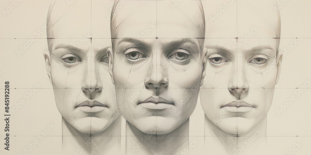 Human face pencil drawing showing symmetrical grid and height marks ...