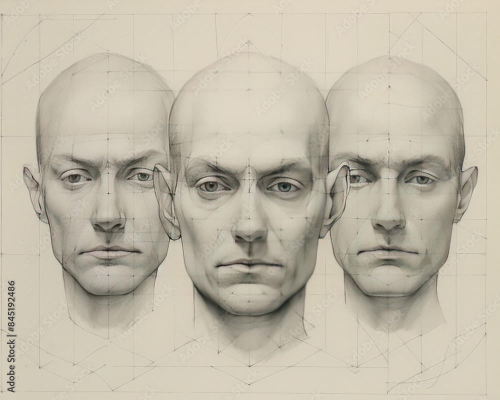 Human face pencil drawing showing symmetrical grid and height marks ...
