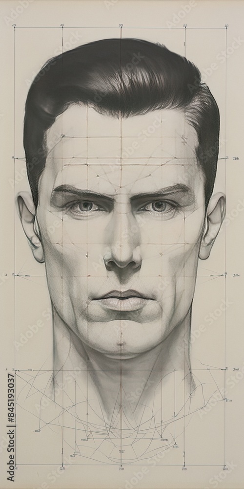 Human face pencil drawing showing symmetrical grid and height marks ...