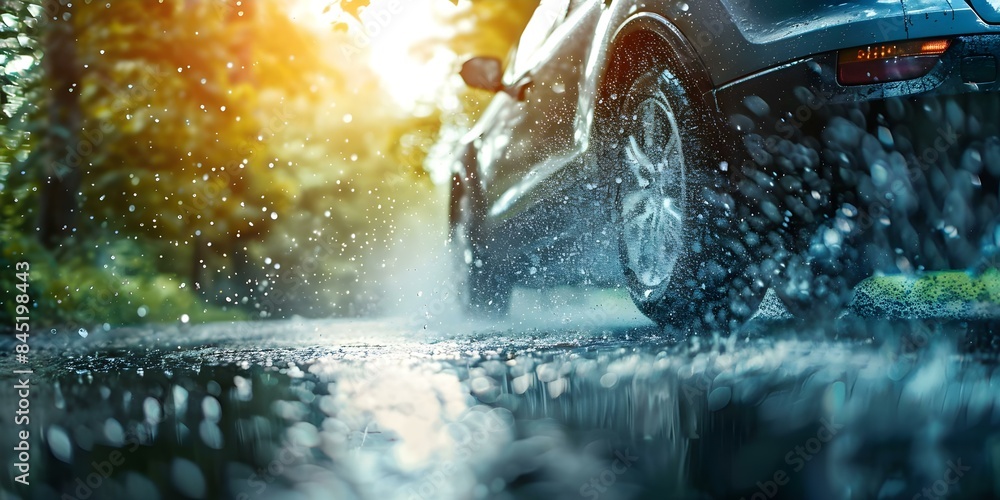 Promoting road safety by showing car tires spraying water on wet roads ...