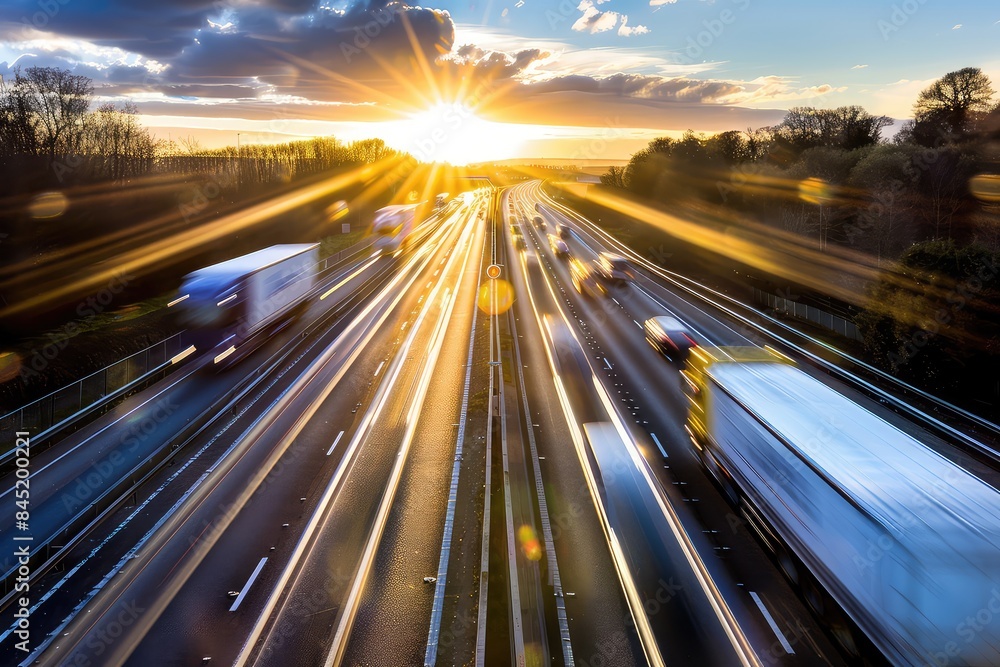 Heavy traffic moving at speed on motorway at sunset motion blur Stock ...