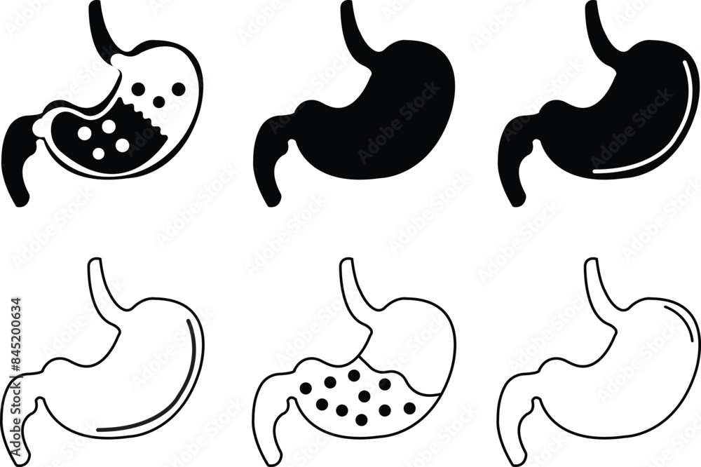 Set of Digestive system anatomy. Black colors Stomach gastric icons ...