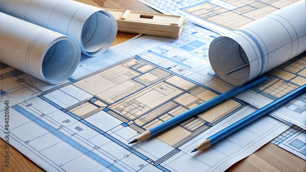 On a table, there is an open blueprint with a floor plan and from which ...