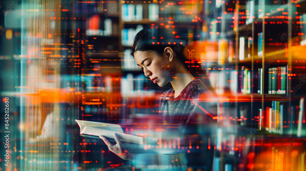 a of a scholar in a modern library, deeply engaged in interpreting a ...