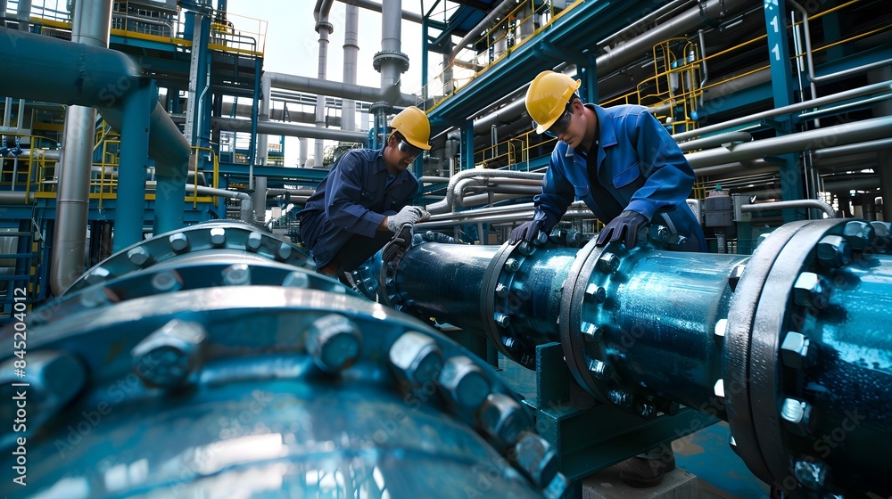 Technicians working on a pipeline system in a refinery, demonstrating ...