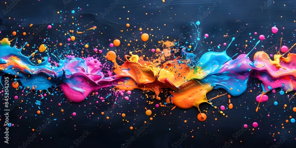 Vibrant neon paint splatter with small dots smears and rays on dark ...
