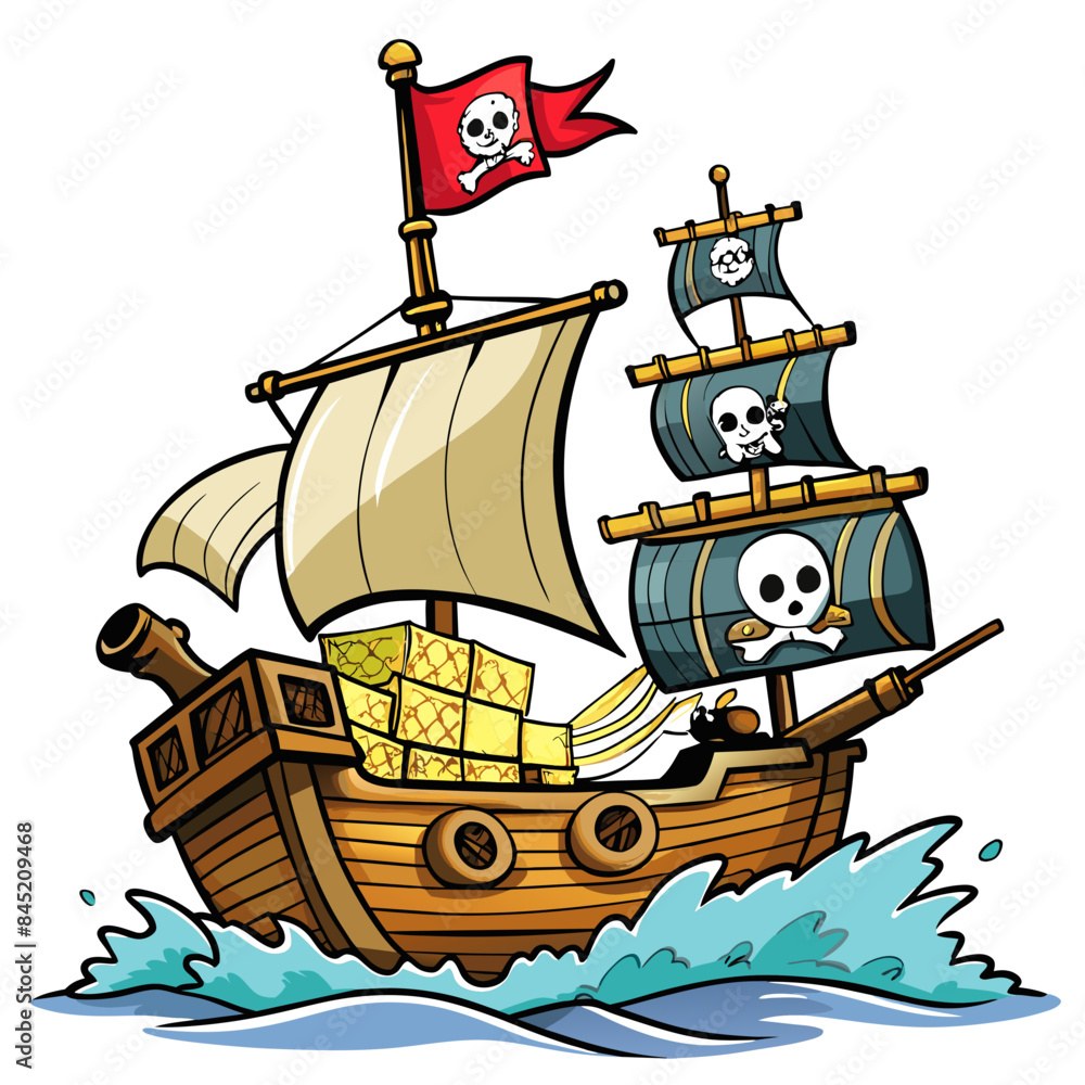 pirate ship sailing through rough seas, with tattered sails, a Jolly ...