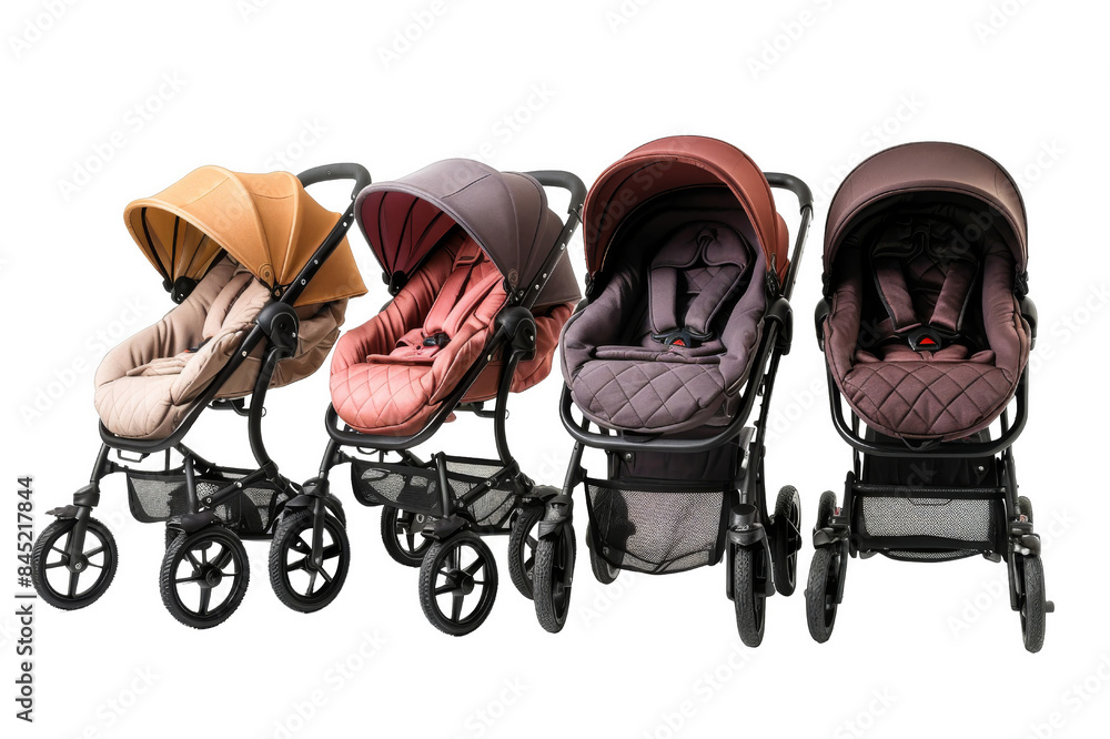 Four stylish baby strollers in different colors, featuring quilted ...