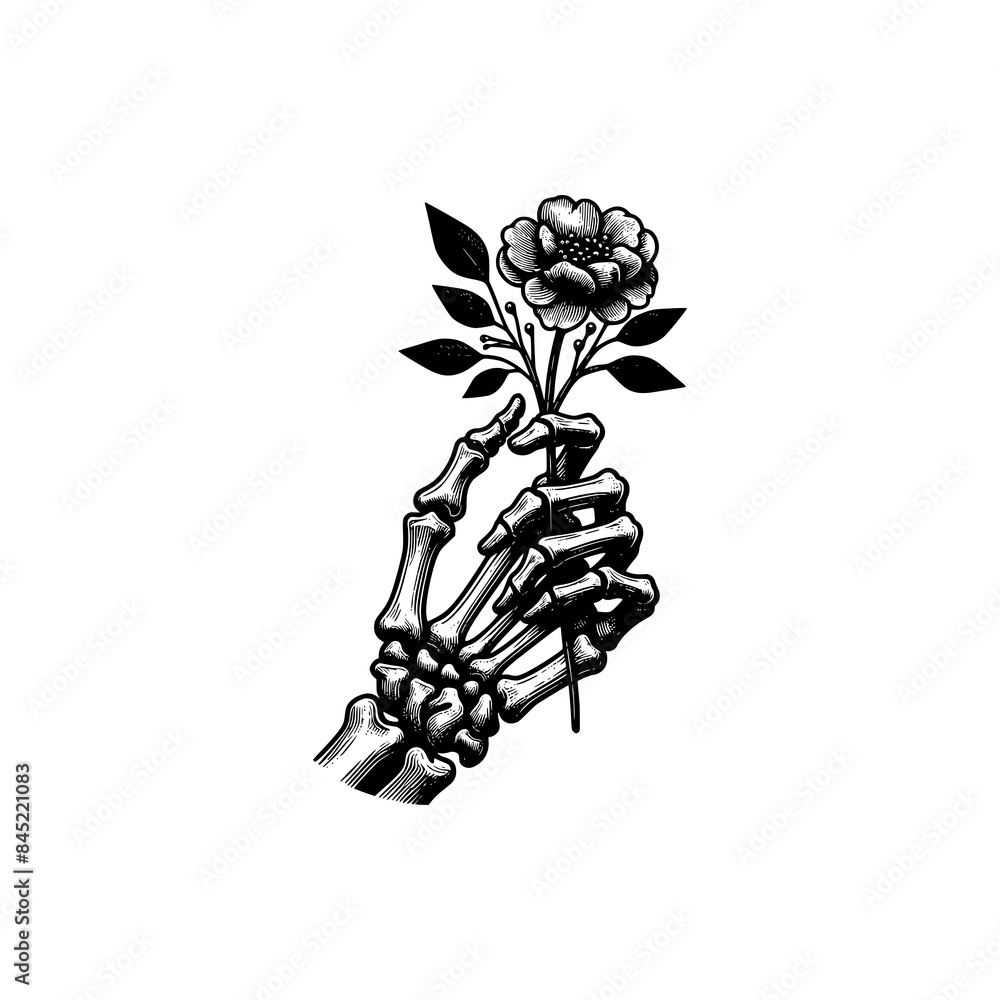 skeleton hand hold a flower hand drawn art style vector illustration ...