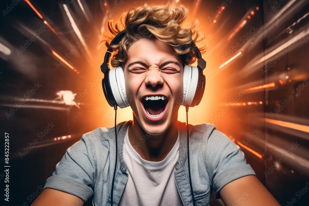 Teen in headphones, making funny faces while jamming to music, bedroom ...