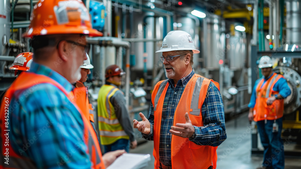 Group of factory workers in safety vests and hard hats discussing ...