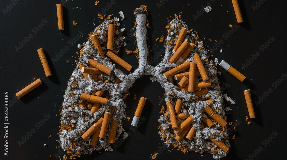 This image shows a pair of lungs made out of cigarette butts, ash, and ...