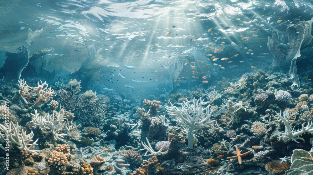 Coral reefs bleaching and dying, representing the devastating effects ...