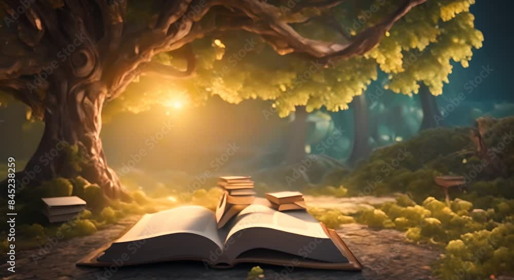 Old books in the magic forest Fantasy world 3D rendering Enter a ...