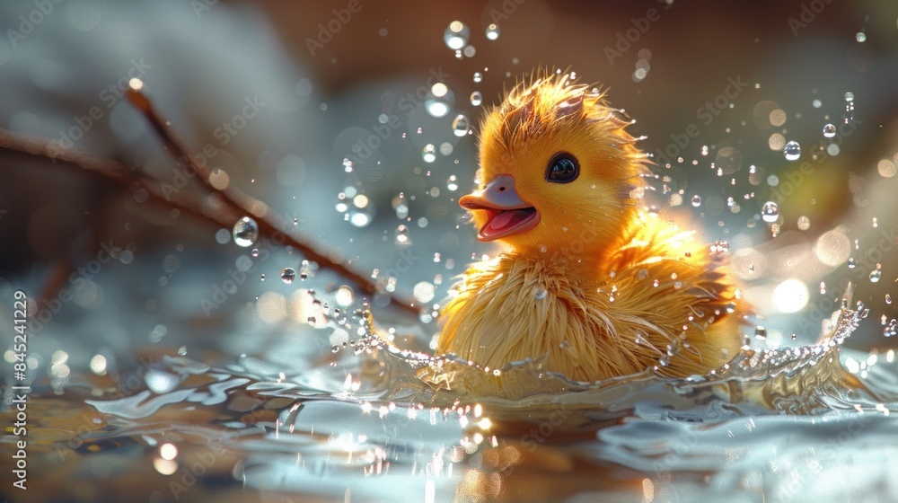Render a chubby, excited duckling splashing joyfully in a puddle ...