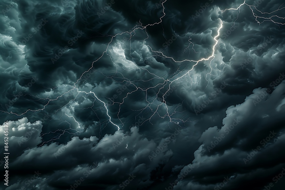 Thunderous dark sky with black clouds and flashing lightning. Panoramic view. Concept on the ...
